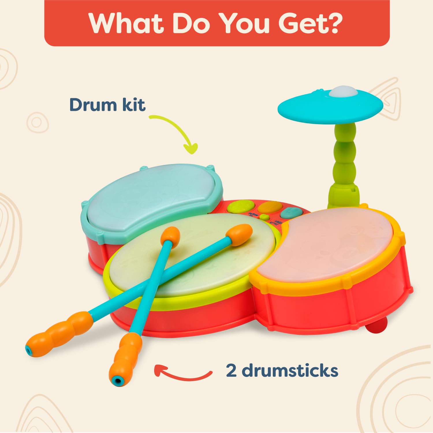 B. toys- Little Beats Kids Drum Set - Musical Instrument – Instruments for Toddlers – Music & Lights – 2 Years +