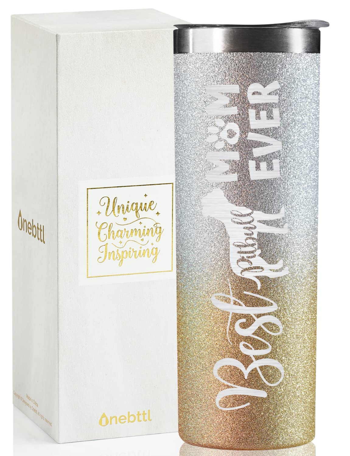 Onebttl Pitbull Mom Gifts, Pitbull Pittie Gifts for Women, Best Dog Mom Ever, 20 oz Glitter Silver-Gold Insulated Tumbler
