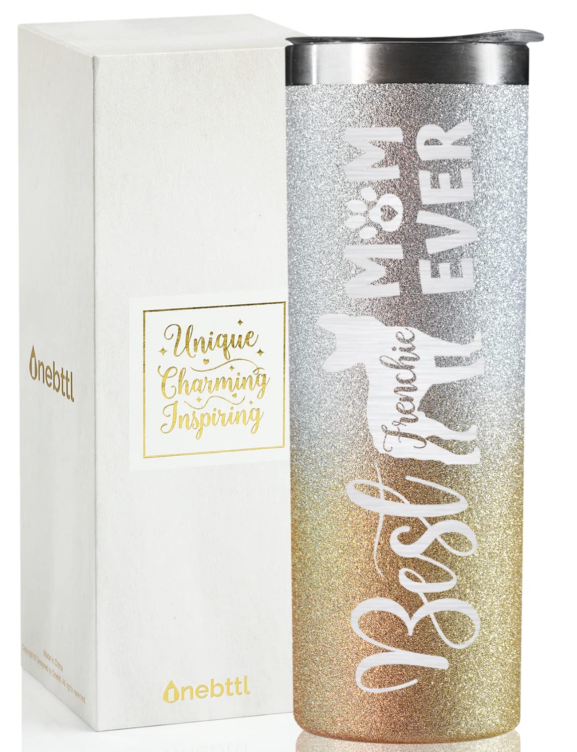 Onebttl French Bulldog Gifts, Frenchie Gifts for Frenchie Mama, 20 oz Glitter Silver-Gold Insulated Tumbler - Frenchie Mom