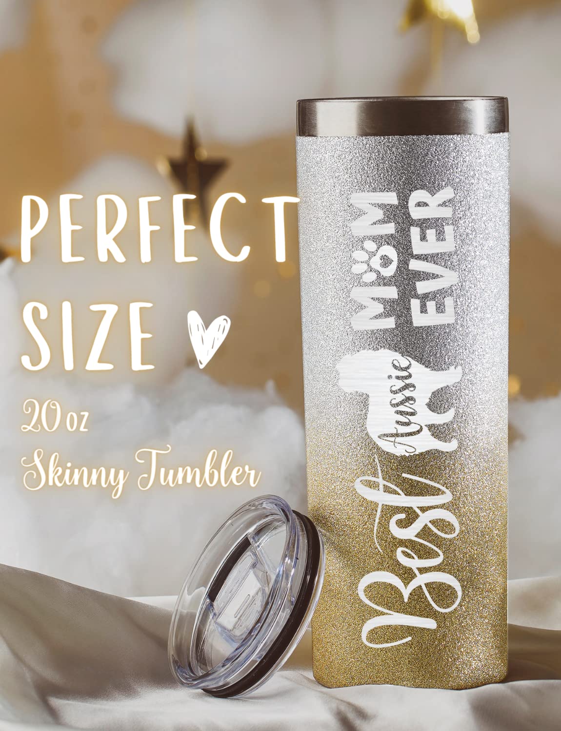 Onebttl Australian Shepherd Gifts for Women, Aussie Mom Gifts, 20 oz Glitter Silver-Gold Insulated Tumbler - Best Aussie Mom Ever