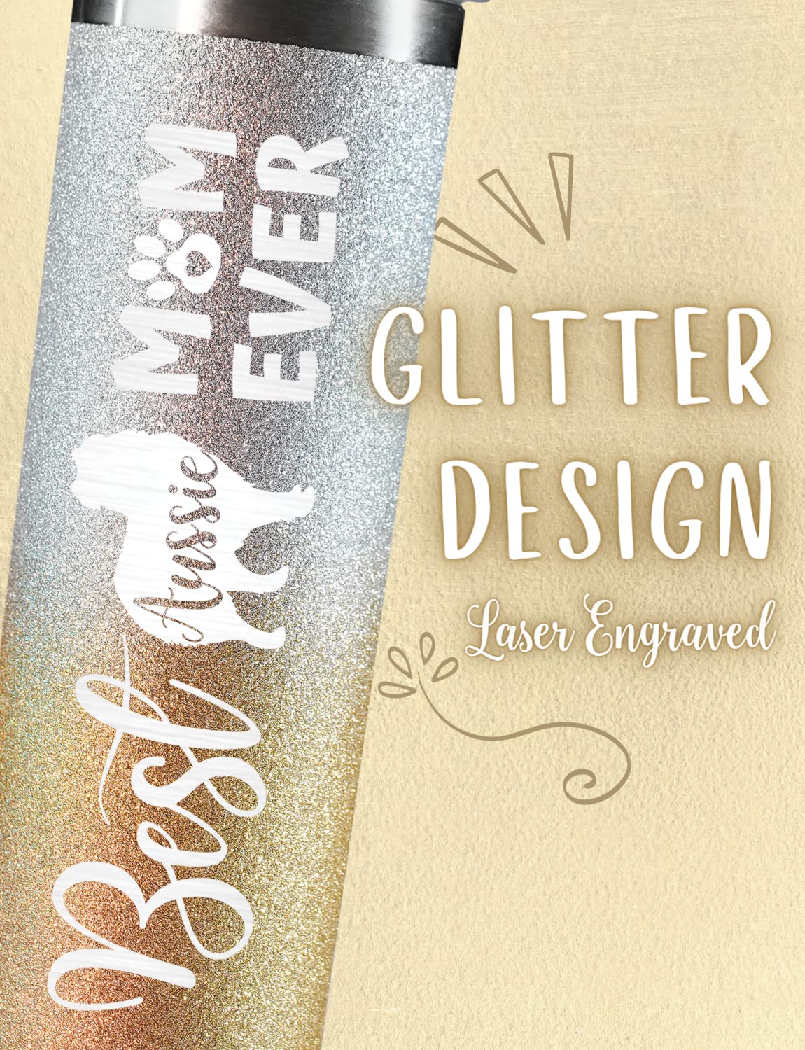 Onebttl Australian Shepherd Gifts for Women, Aussie Mom Gifts, 20 oz Glitter Silver-Gold Insulated Tumbler - Best Aussie Mom Ever