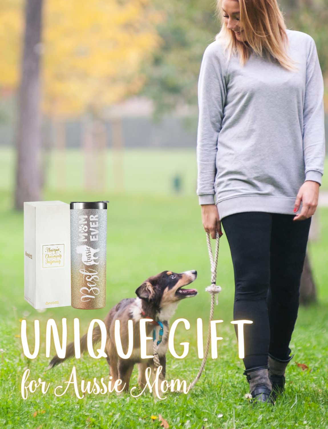 Onebttl Australian Shepherd Gifts for Women, Aussie Mom Gifts, 20 oz Glitter Silver-Gold Insulated Tumbler - Best Aussie Mom Ever