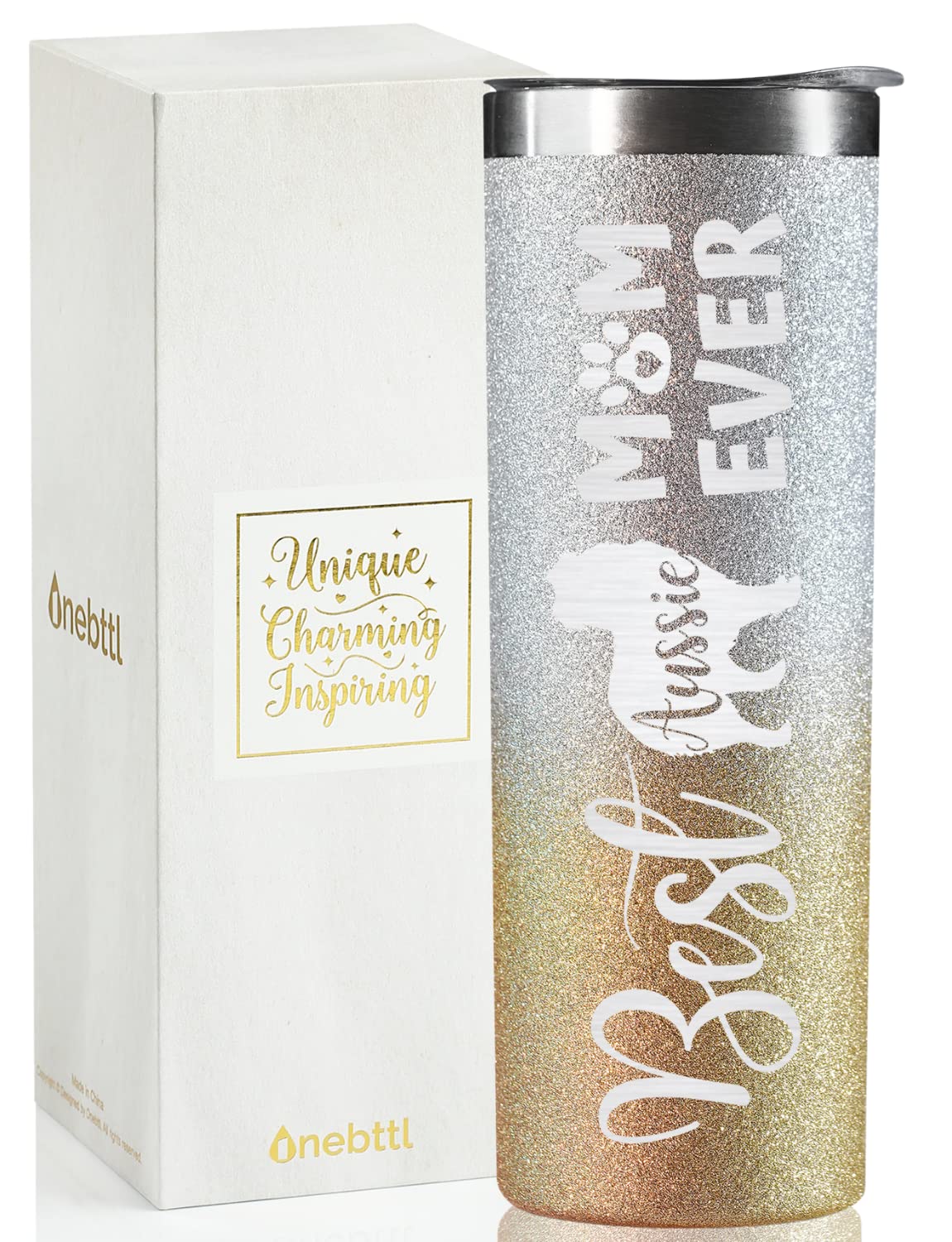 Onebttl Australian Shepherd Gifts for Women, Aussie Mom Gifts, 20 oz Glitter Silver-Gold Insulated Tumbler - Best Aussie Mom Ever