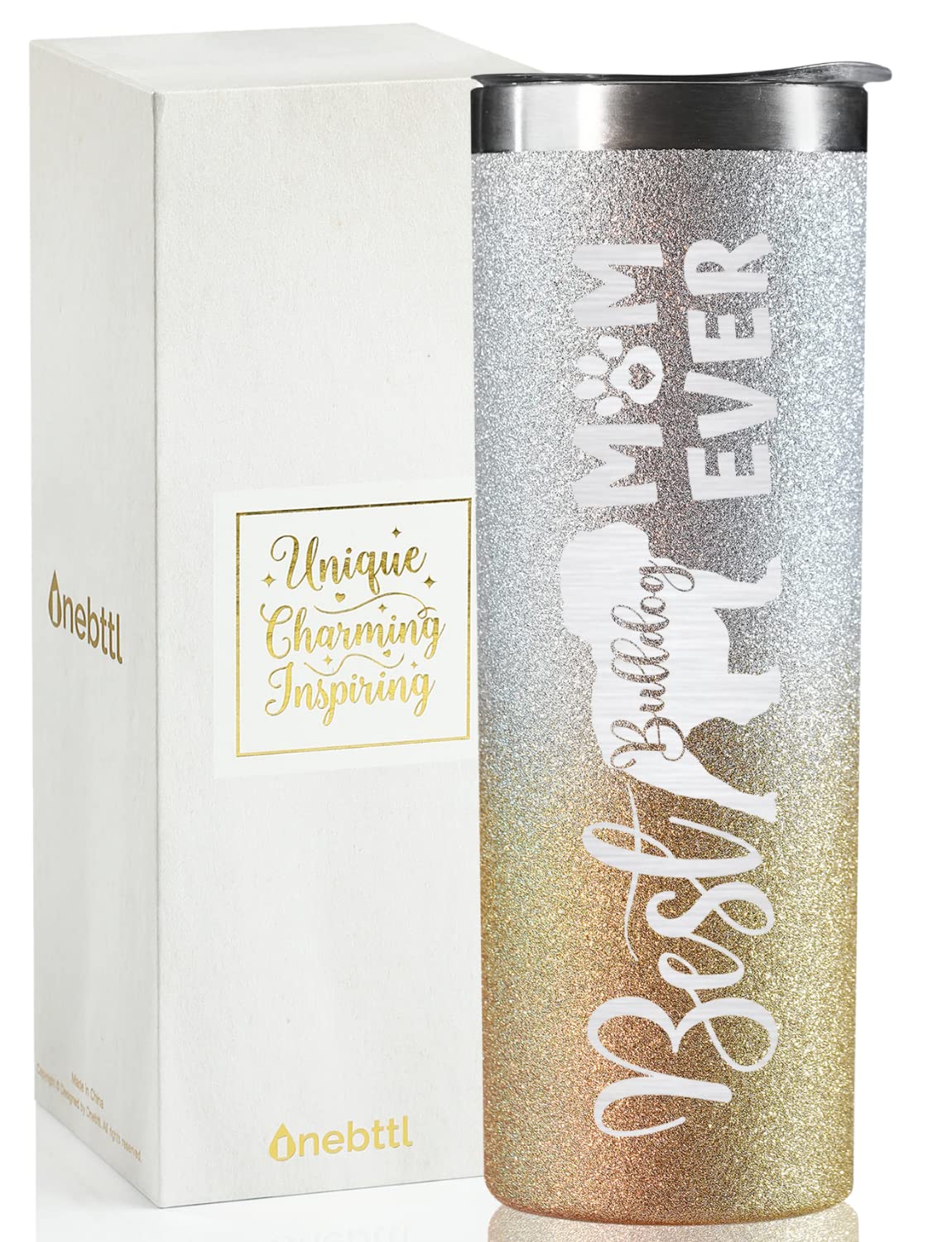 Onebttl English Bulldog Gifts for Women, British Bulldog Lovers, 20 oz Glitter Silver-Gold Insulated Tumbler - Best English Bulldog Mom Ever