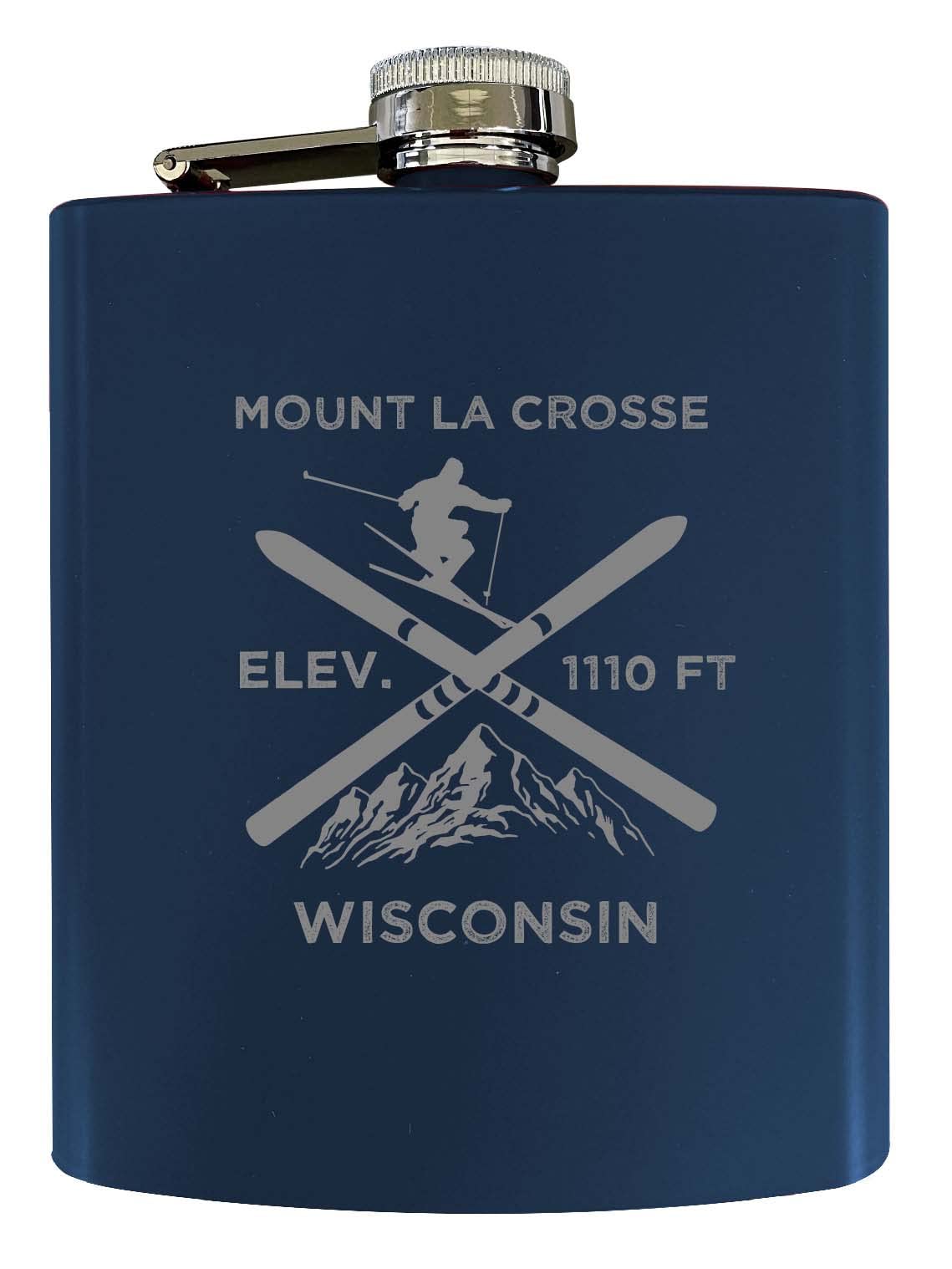 R and R Imports Mount La Crosse Wisconsin Ski Snowboard Winter Adventures Stainless Steel 7 oz Flask Navy