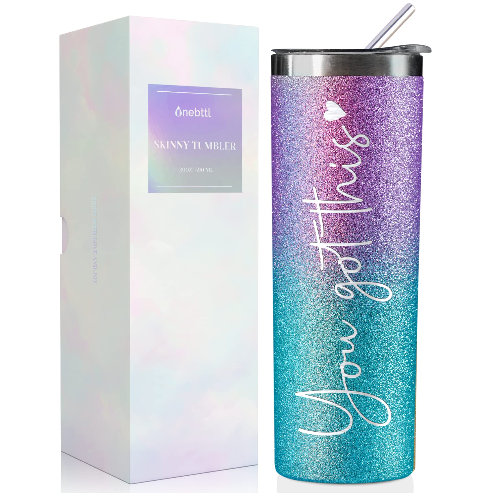 Onebttl Inspirational Gifts for Women, You Got This, Motivational Encouragement Job Promotion Congratulations Gifts for Women, Friends, New Mom, Coworkers, 20Oz Skinny Tumbler, Glitter Blue & Purple