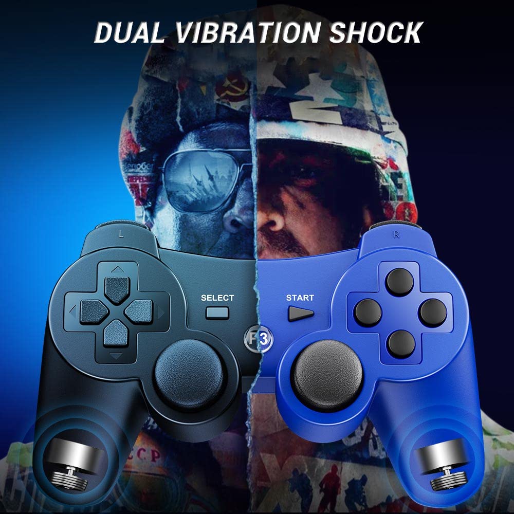 OKHAHA Controller 2 Pack for PS3 Wireless Controller for Sony Playstation 3, Double Shock 3, Bluetooth, Rechargeable, Motion Sensor, Remote for PS3 (No Stripes(Black + Blue))