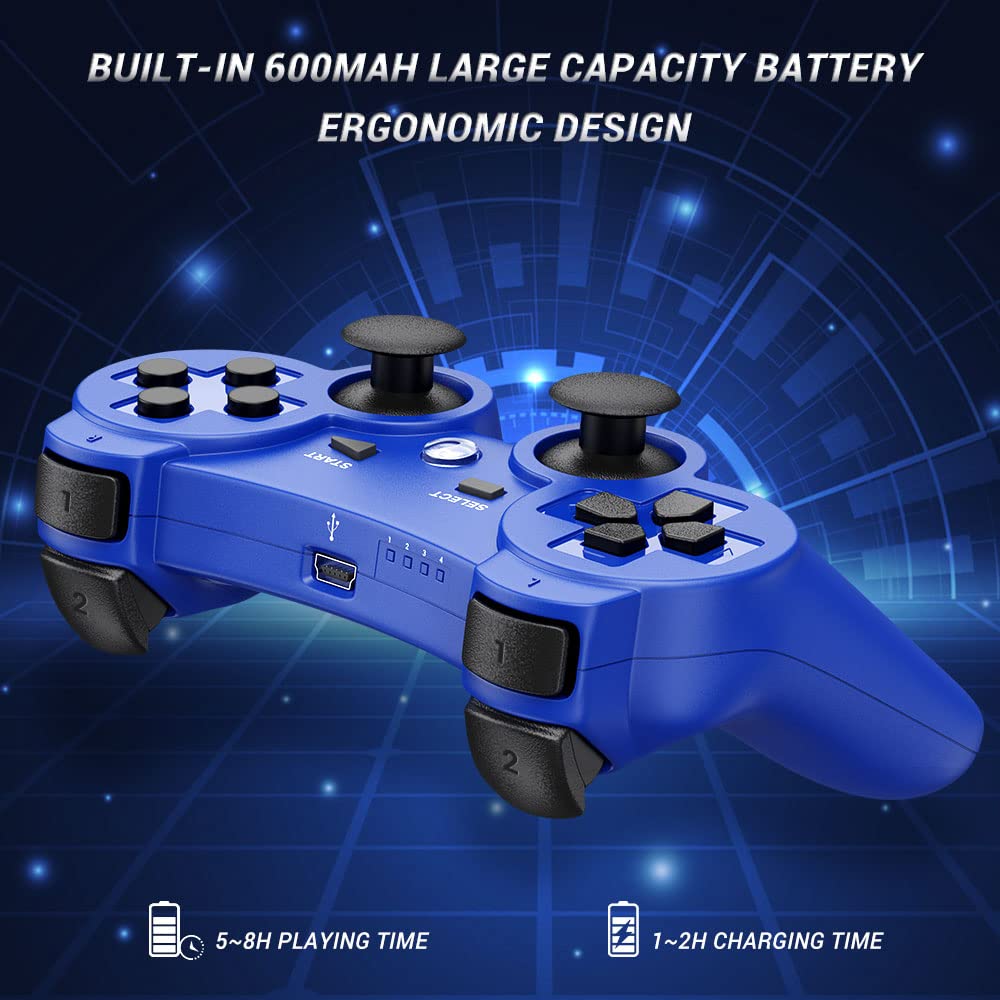OKHAHA Controller 2 Pack for PS3 Wireless Controller for Sony Playstation 3, Double Shock 3, Bluetooth, Rechargeable, Motion Sensor, Remote for PS3 (No Stripes(Black + Blue))