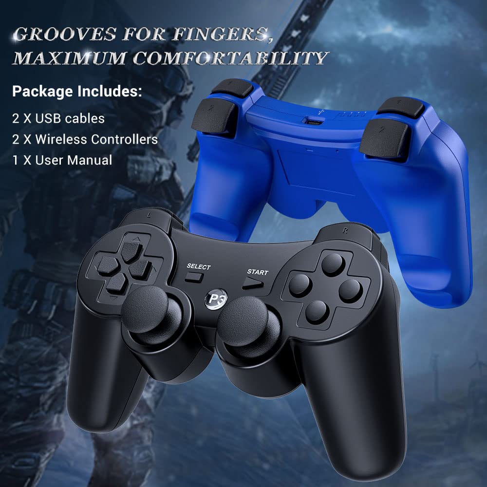 OKHAHA Controller 2 Pack for PS3 Wireless Controller for Sony Playstation 3, Double Shock 3, Bluetooth, Rechargeable, Motion Sensor, Remote for PS3 (No Stripes(Black + Blue))