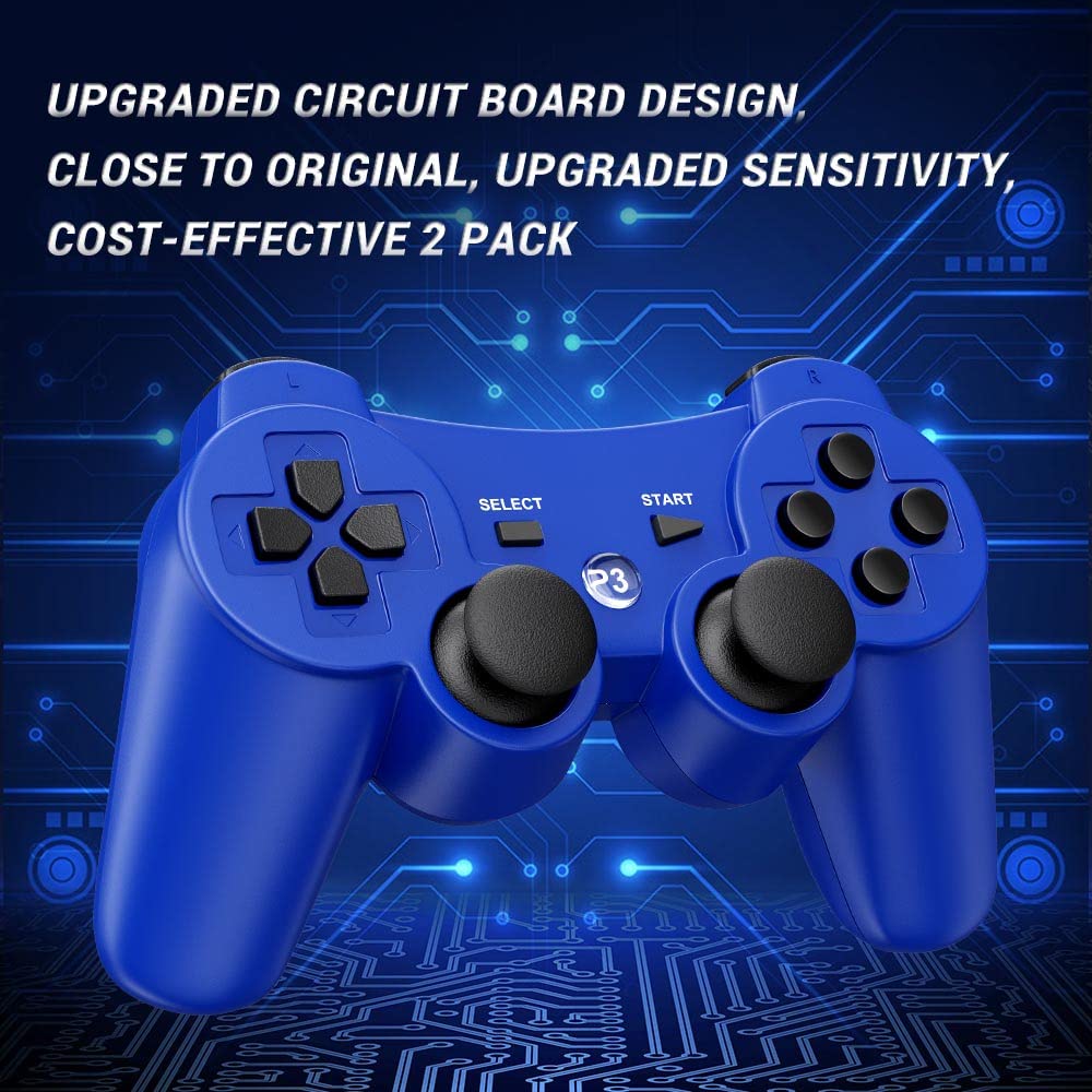 OKHAHA Controller 2 Pack for PS3 Wireless Controller for Sony Playstation 3, Double Shock 3, Bluetooth, Rechargeable, Motion Sensor, Remote for PS3 (No Stripes(Black + Blue))
