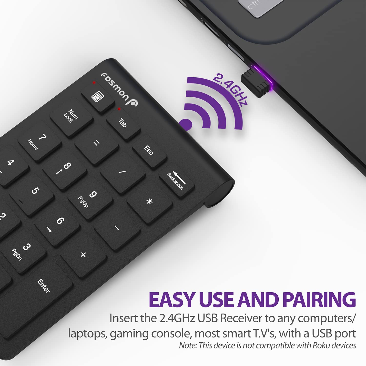 Fosmon 22 Key Numeric Keypad, Wireless USB Adapter 2.4GHz Numpad, Ten Keys Shortcut Function & Hotkey, Up to 33FT Device Distance, Compatible with USB Port Laptop, PC, Desktop, Surface Pro, Notebook