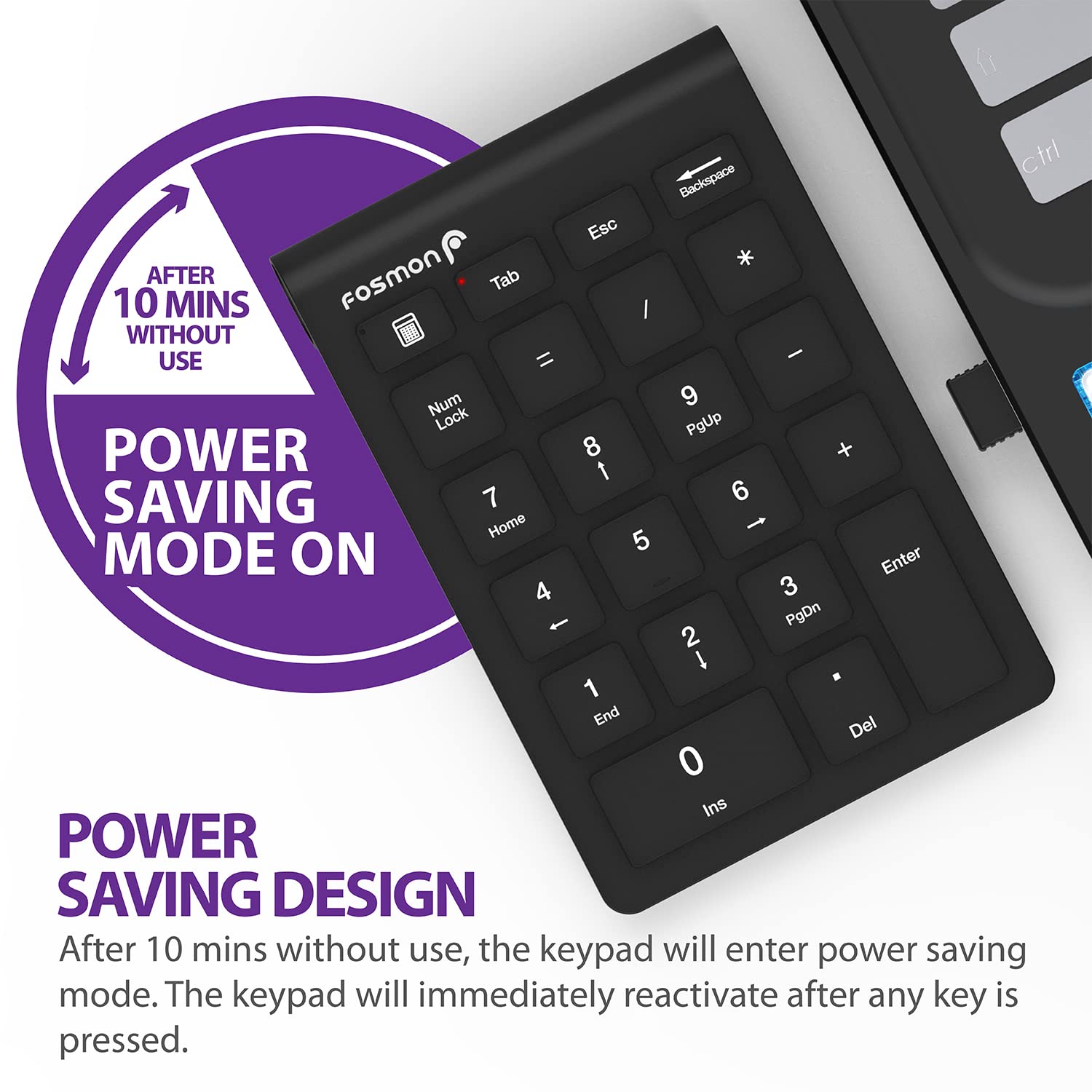 Fosmon 22 Key Numeric Keypad, Wireless USB Adapter 2.4GHz Numpad, Ten Keys Shortcut Function & Hotkey, Up to 33FT Device Distance, Compatible with USB Port Laptop, PC, Desktop, Surface Pro, Notebook