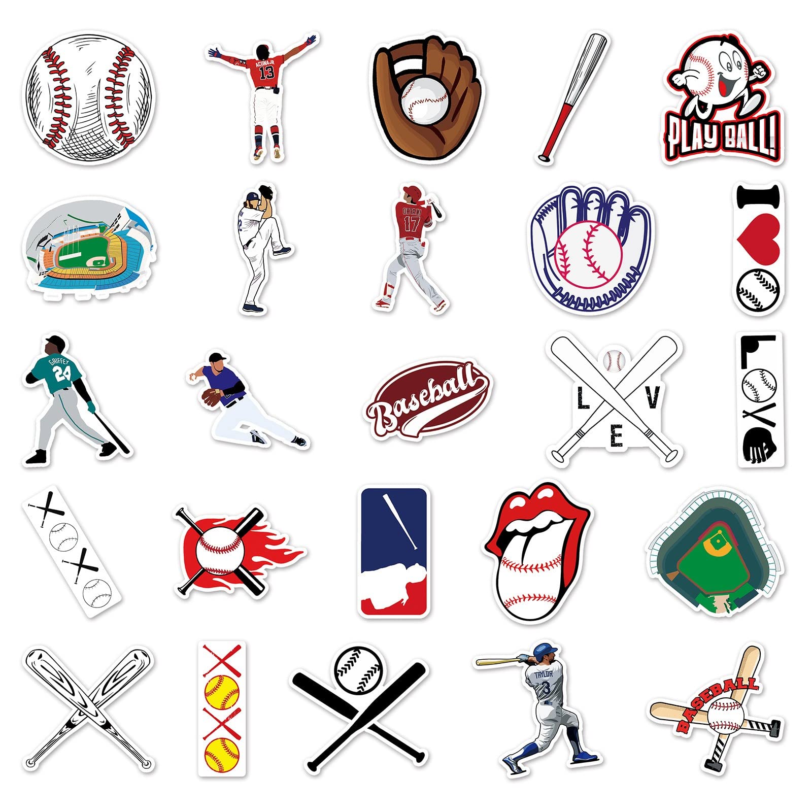 JOICEE 50pcs Baseball Stickers,Waterproof Vinyl Baseball Tattoos for Kids Teens Boys Adults, Sports Decals for Snowboard Laptop Water Bottles Hydro Flasks Phone Guitar Skateboard Computer