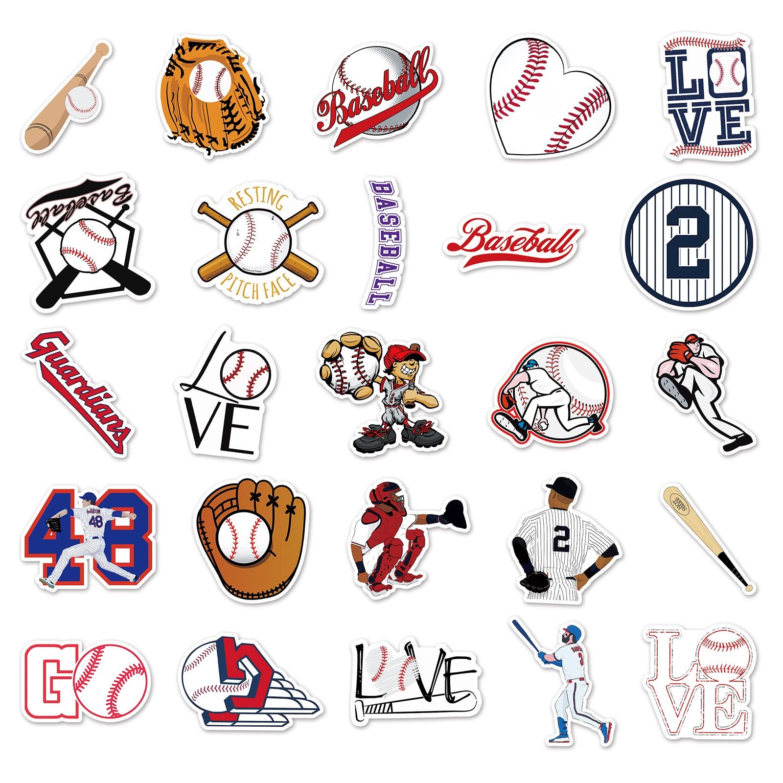 JOICEE 50pcs Baseball Stickers,Waterproof Vinyl Baseball Tattoos for Kids Teens Boys Adults, Sports Decals for Snowboard Laptop Water Bottles Hydro Flasks Phone Guitar Skateboard Computer