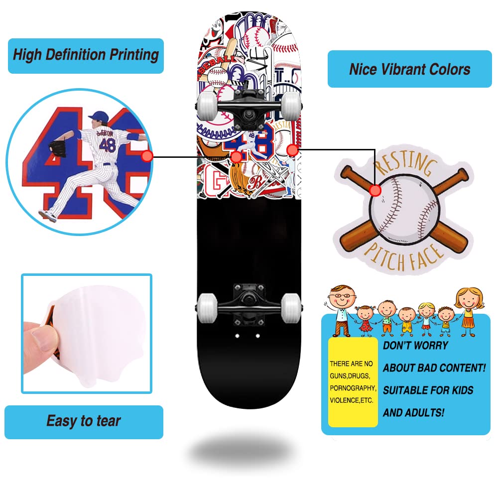 JOICEE 50pcs Baseball Stickers,Waterproof Vinyl Baseball Tattoos for Kids Teens Boys Adults, Sports Decals for Snowboard Laptop Water Bottles Hydro Flasks Phone Guitar Skateboard Computer