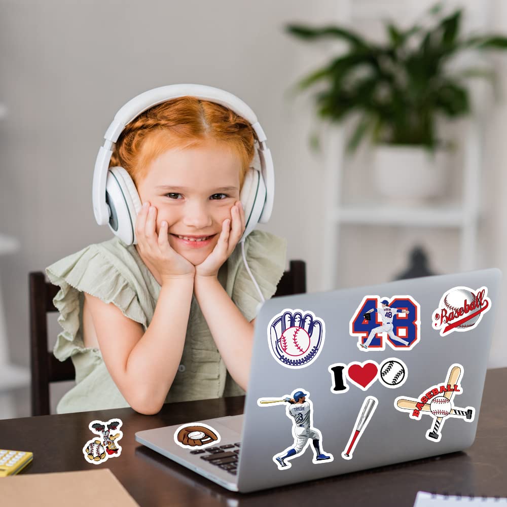 JOICEE 50pcs Baseball Stickers,Waterproof Vinyl Baseball Tattoos for Kids Teens Boys Adults, Sports Decals for Snowboard Laptop Water Bottles Hydro Flasks Phone Guitar Skateboard Computer