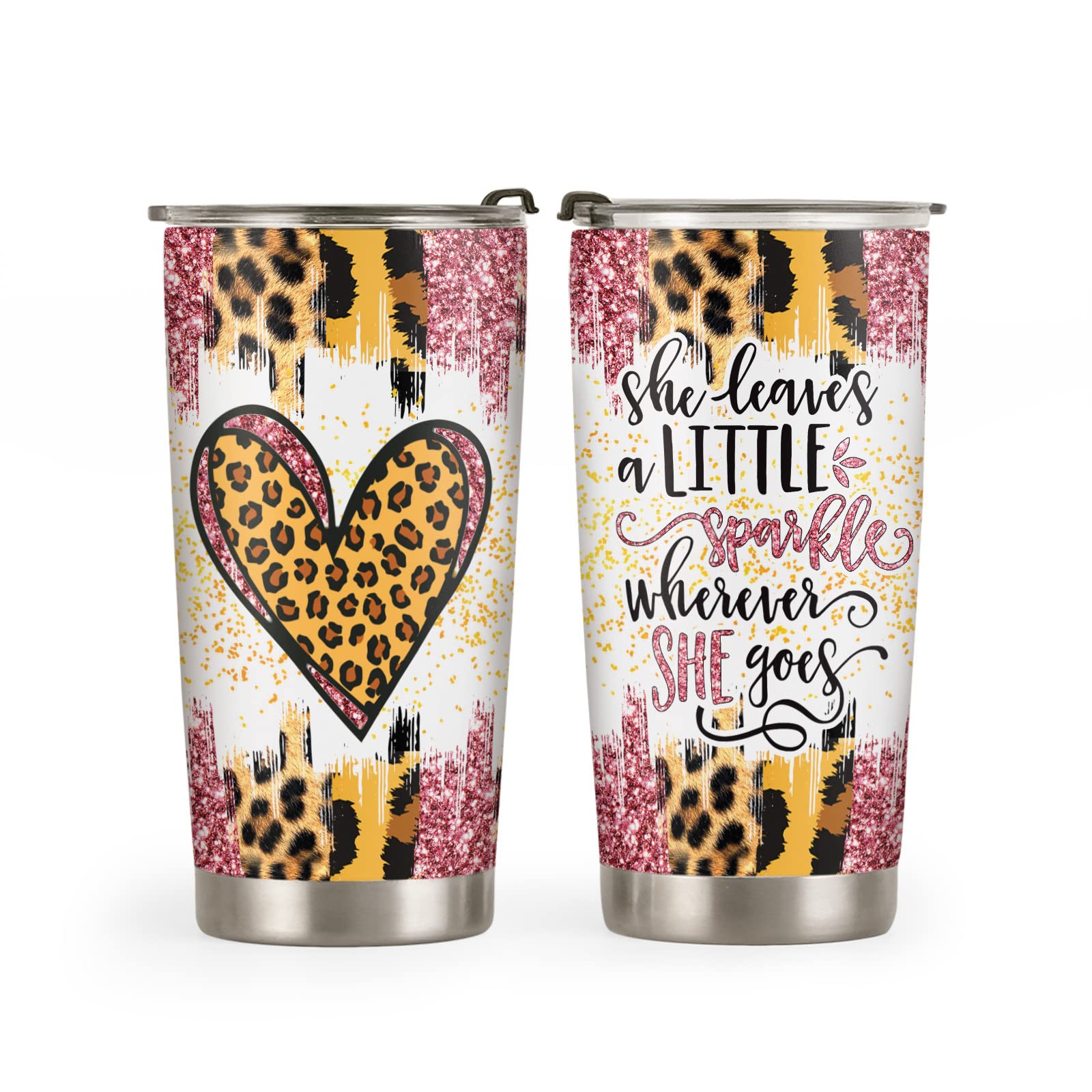 20oz Leopard Pattern Mom Tumbler, She Leaves a little Sparkle wherever She Goes, Mother, Grandma Gifts, Coffee Thermos, Stainless Steel Double Wall Vacuum Insulated Coffee Mug, Travel Cup with Lid