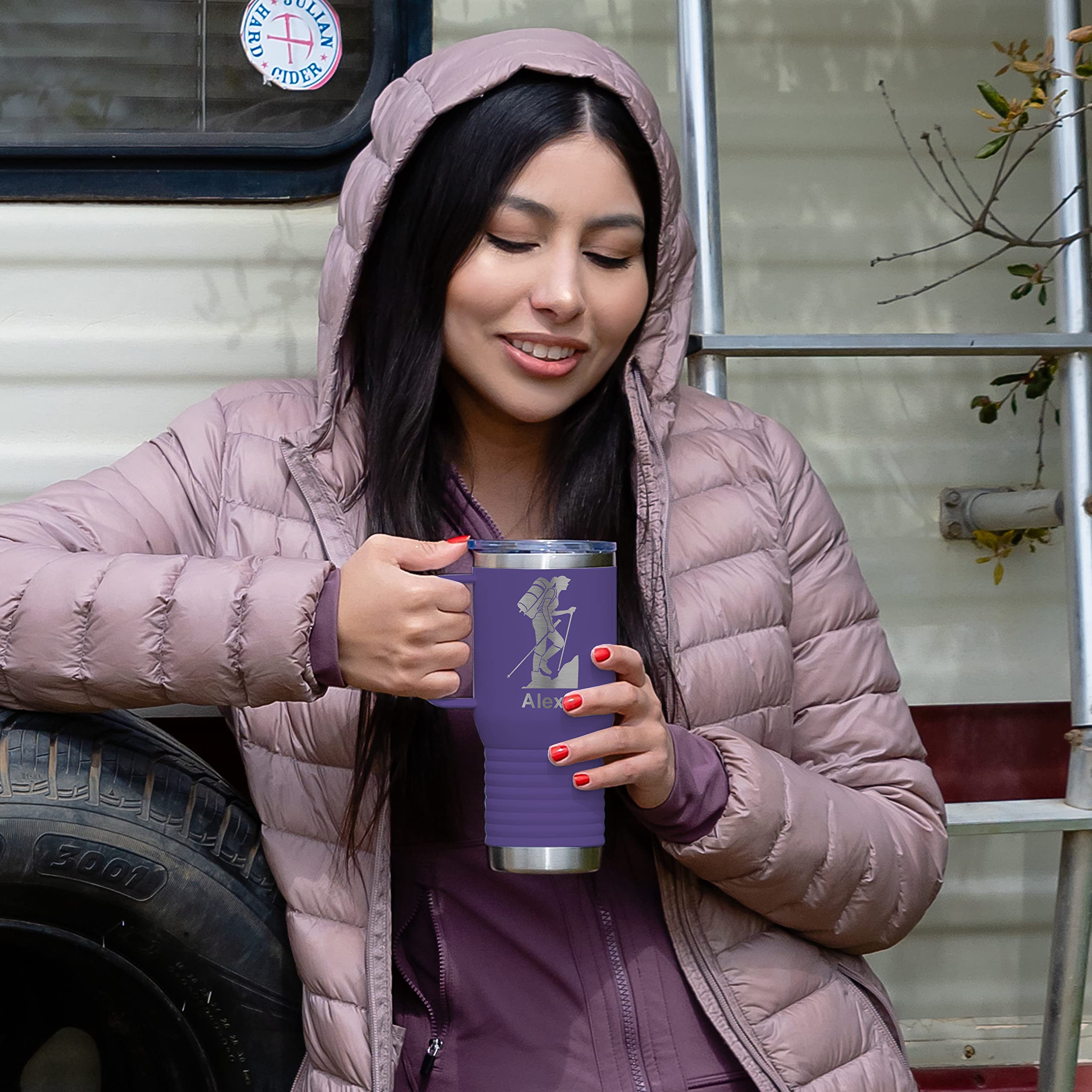 LaserGram 20oz Vacuum Insulated Travel Mug with Handle, Barber Shop Pole, Personalized Engraving Included (Dark Purple)