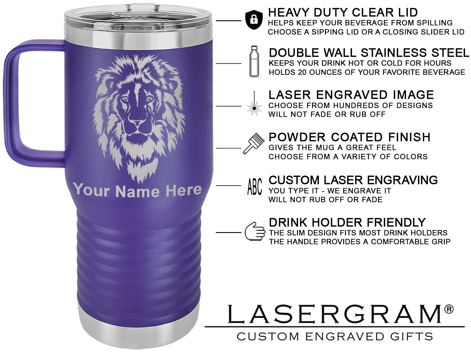 LaserGram 20oz Vacuum Insulated Travel Mug with Handle, Flag of Guatemala, Personalized Engraving Included (Dark Purple)