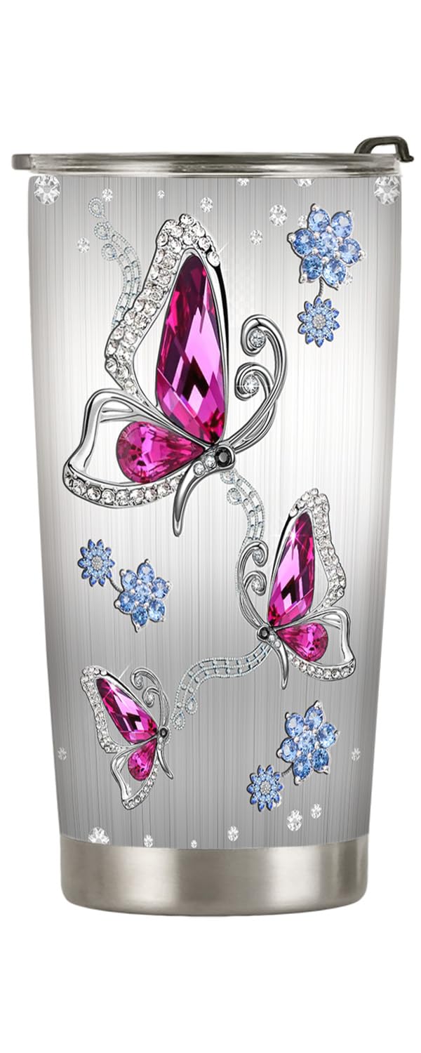 20oz Jewelry Crystal Butterfly Tumbler, Gifts for Butterfly Lovers, Coffee Thermos for Women, Stainless Steel Double Wall Vacuum Insulated Coffee Mug, Travel Cup with Lid