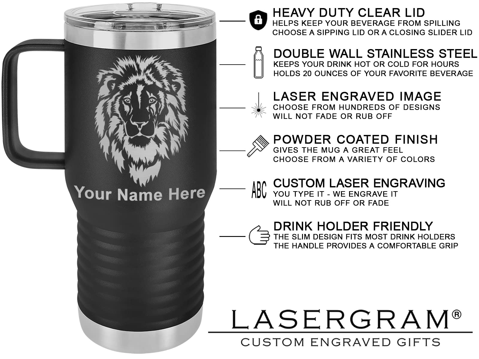 LaserGram 20oz Vacuum Insulated Travel Mug with Handle, Flag of Guatemala, Personalized Engraving Included (Black)