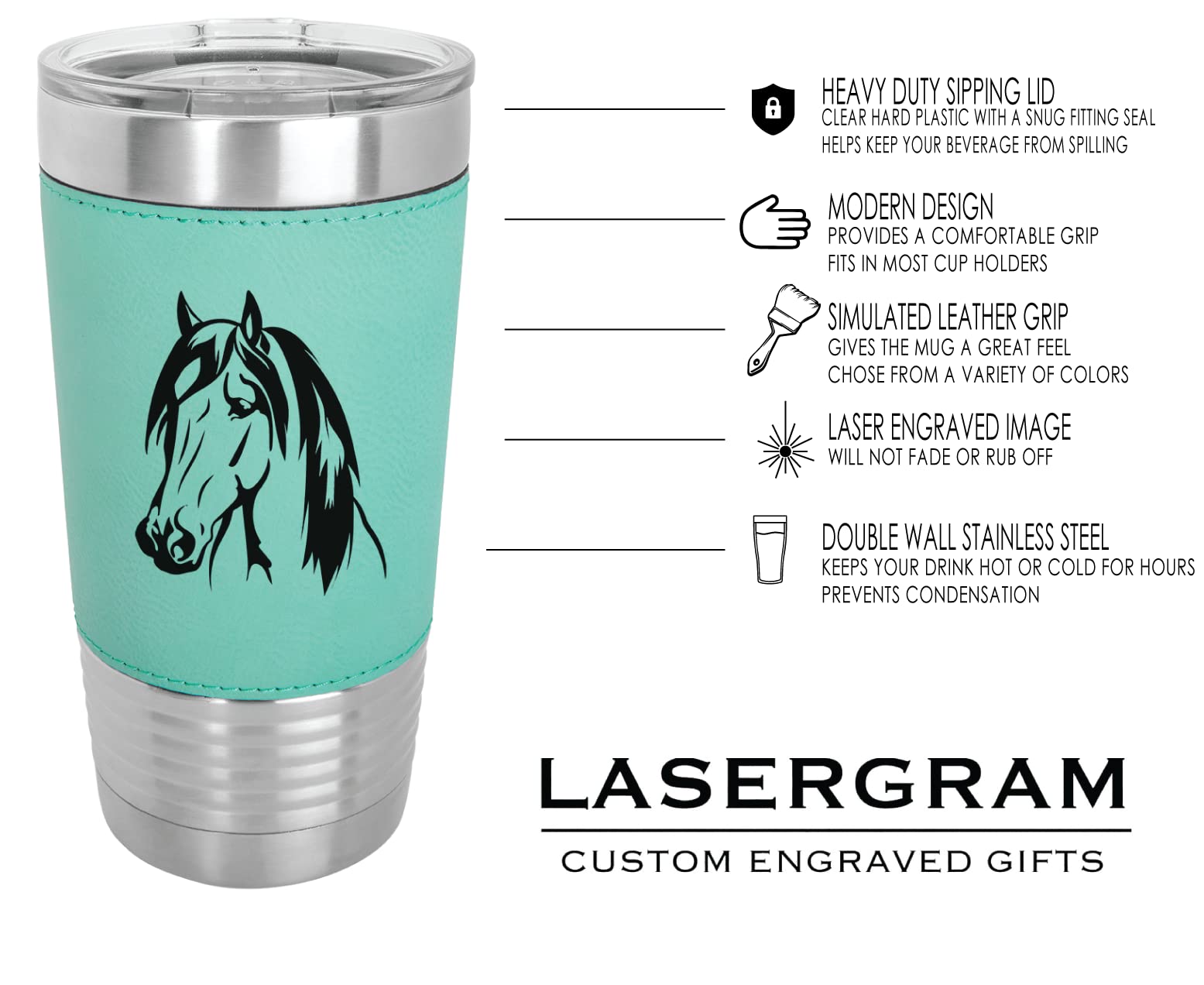 LaserGram 20oz Vacuum Insulated Tumbler Mug, Horse Head 1, (Faux Leather, Teal)