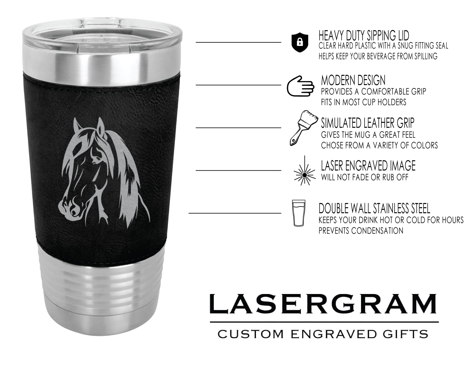 LaserGram 20oz Vacuum Insulated Tumbler Mug, Horse Head 1, (Faux Leather, black)