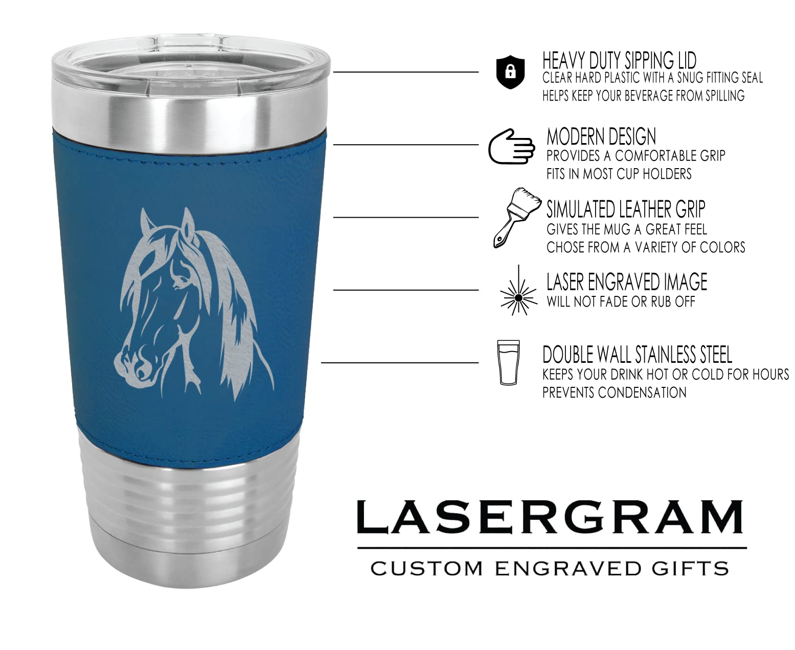 LaserGram 20oz Vacuum Insulated Tumbler Mug, Horse Head 1, (Faux Leather, Dark Blue)