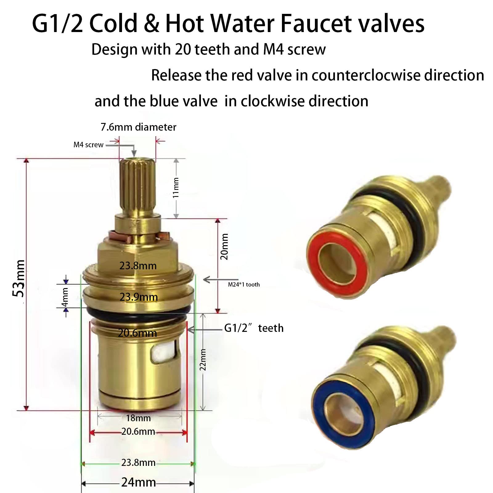Faucet Valves, Brass Ceramic Stem Disc Cartridge Replacement Quarter Turn 1/2" for Bathroom Kitchen Tap (1 Pair Hot & Cold)