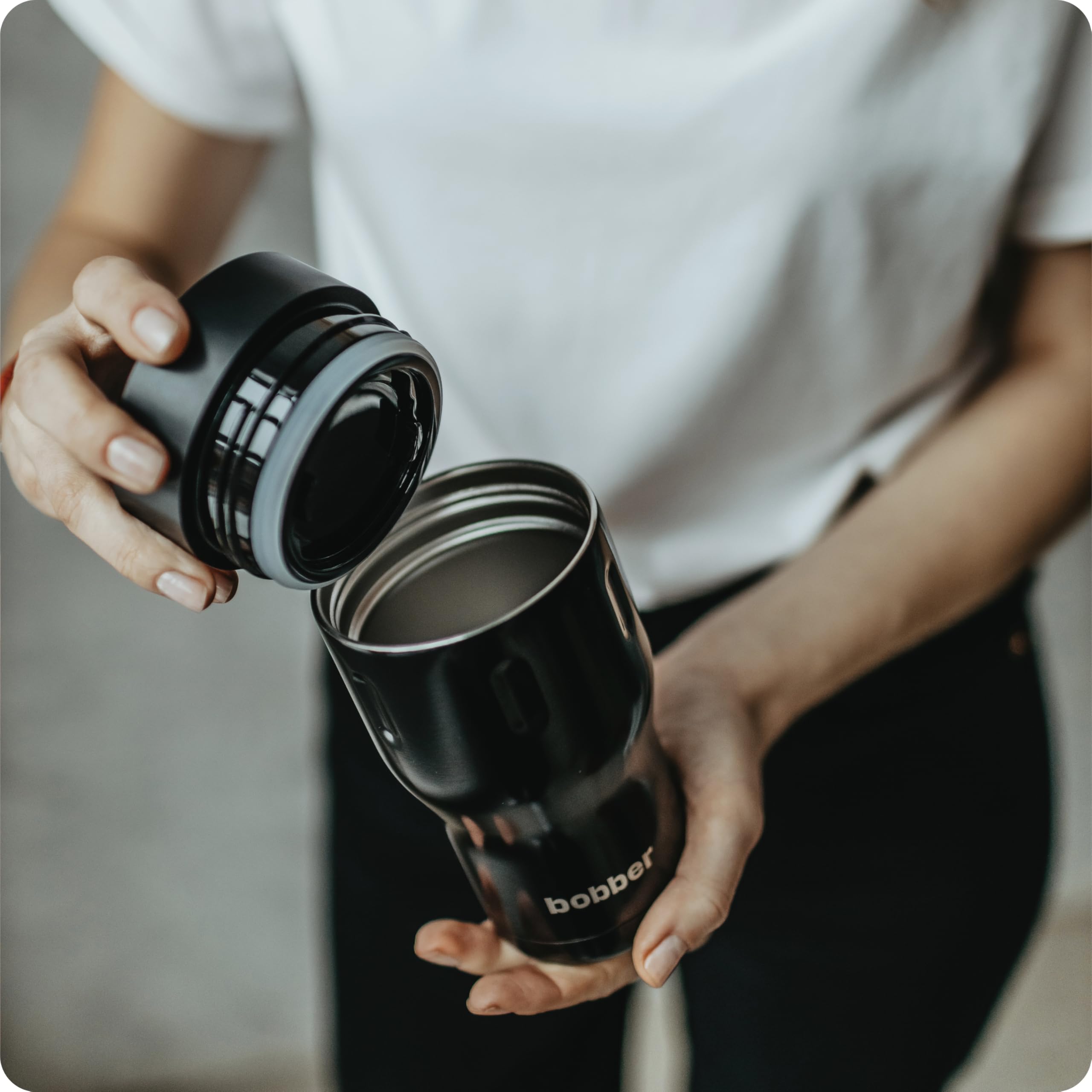 BOBBER - 12 OZ Vacuum Insulated Stainless Steel Portable Travel Coffee Mug With 100% Leakproof Locked Lid (Black Coffee)
