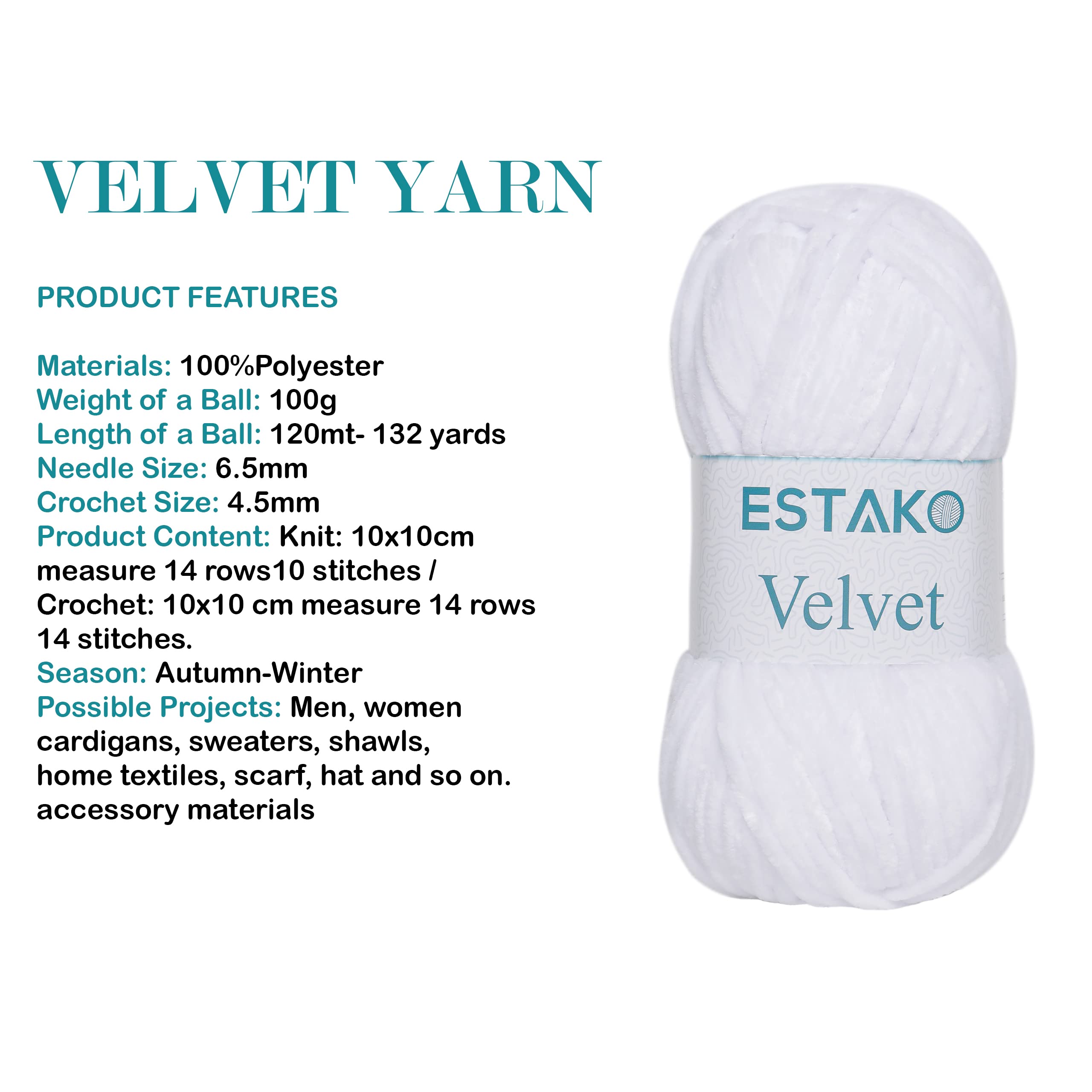 Estako Velvet Chenille Blanket amigurumi Yarn for Crocheting and Knitting Super Bulky 100 gr (132 yds) (1110 - White)