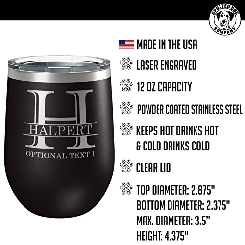 Personalized 12oz (17 Colors) Powder Coated Stainless Steel Stemless Wine Tumbler with Lid, Custom Etched, Customized Gift for Women Her, Wine Lover, Halpert Monogram Initial Name (Black)
