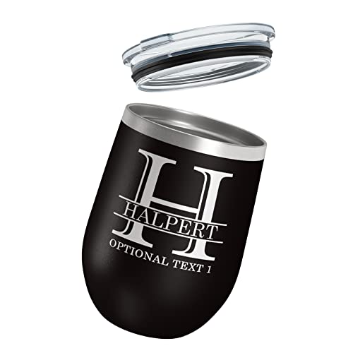 Personalized 12oz (17 Colors) Powder Coated Stainless Steel Stemless Wine Tumbler with Lid, Custom Etched, Customized Gift for Women Her, Wine Lover, Halpert Monogram Initial Name (Black)
