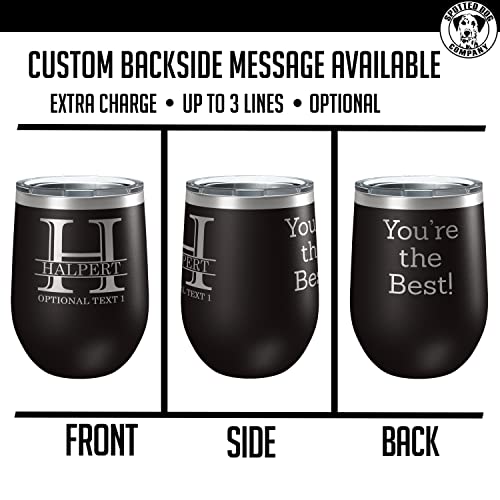Personalized 12oz (17 Colors) Powder Coated Stainless Steel Stemless Wine Tumbler with Lid, Custom Etched, Customized Gift for Women Her, Wine Lover, Halpert Monogram Initial Name (Black)