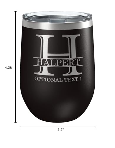 Personalized 12oz (17 Colors) Powder Coated Stainless Steel Stemless Wine Tumbler with Lid, Custom Etched, Customized Gift for Women Her, Wine Lover, Halpert Monogram Initial Name (Black)