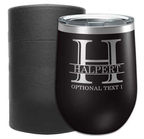 Personalized 12oz (17 Colors) Powder Coated Stainless Steel Stemless Wine Tumbler with Lid, Custom Etched, Customized Gift for Women Her, Wine Lover, Halpert Monogram Initial Name (Black)