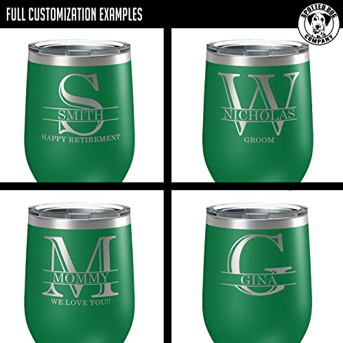 Personalized 12oz (17 Colors) Powder Coated Stainless Steel Stemless Wine Tumbler with Lid, Custom Etched, Customized Gift for Women Her, Wine Lover, Halpert Monogram Initial Name (Green)