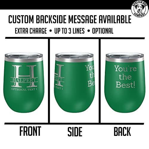 Personalized 12oz (17 Colors) Powder Coated Stainless Steel Stemless Wine Tumbler with Lid, Custom Etched, Customized Gift for Women Her, Wine Lover, Halpert Monogram Initial Name (Green)