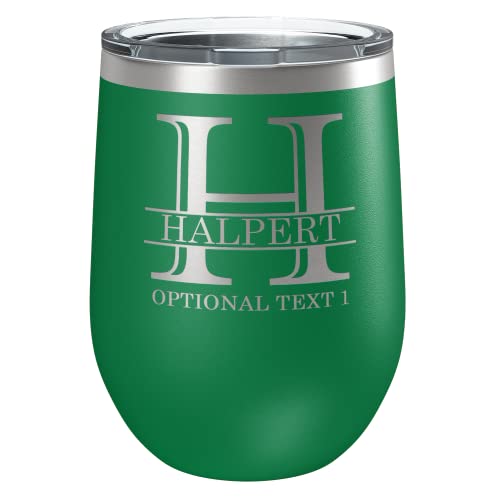 Personalized 12oz (17 Colors) Powder Coated Stainless Steel Stemless Wine Tumbler with Lid, Custom Etched, Customized Gift for Women Her, Wine Lover, Halpert Monogram Initial Name (Green)
