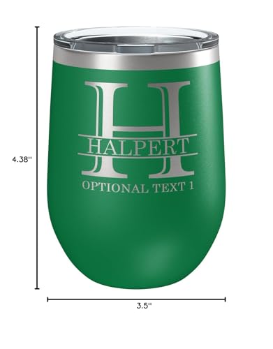 Personalized 12oz (17 Colors) Powder Coated Stainless Steel Stemless Wine Tumbler with Lid, Custom Etched, Customized Gift for Women Her, Wine Lover, Halpert Monogram Initial Name (Green)