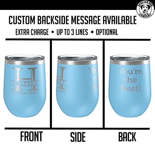 Personalized 12oz (17 Colors) Powder Coated Stainless Steel Stemless Wine Tumbler with Lid, Custom Etched, Customized Gift for Women Her, Wine Lover, Halpert Monogram Initial Name (Light Blue)