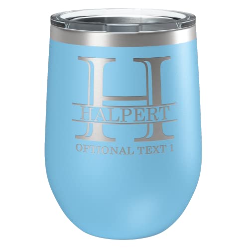 Personalized 12oz (17 Colors) Powder Coated Stainless Steel Stemless Wine Tumbler with Lid, Custom Etched, Customized Gift for Women Her, Wine Lover, Halpert Monogram Initial Name (Light Blue)