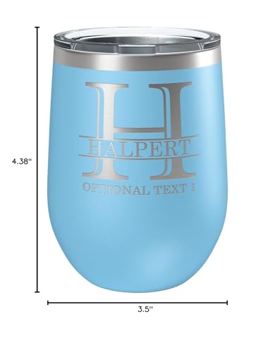 Personalized 12oz (17 Colors) Powder Coated Stainless Steel Stemless Wine Tumbler with Lid, Custom Etched, Customized Gift for Women Her, Wine Lover, Halpert Monogram Initial Name (Light Blue)
