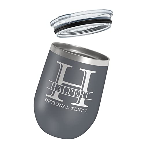 Personalized 12oz (17 Colors) Powder Coated Stainless Steel Stemless Wine Tumbler with Lid, Custom Etched, Customized Gift for Women Her, Wine Lover, Halpert Monogram Initial Name (Gray)
