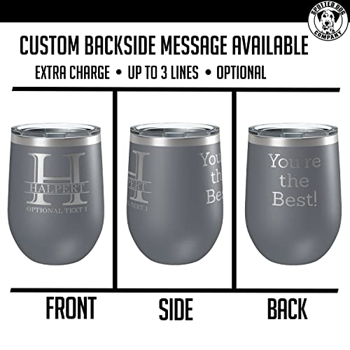 Personalized 12oz (17 Colors) Powder Coated Stainless Steel Stemless Wine Tumbler with Lid, Custom Etched, Customized Gift for Women Her, Wine Lover, Halpert Monogram Initial Name (Gray)