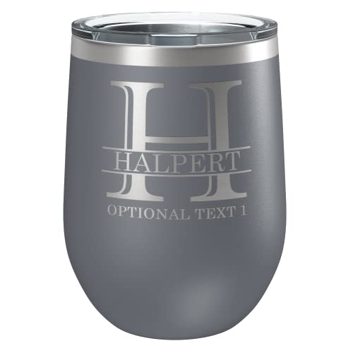 Personalized 12oz (17 Colors) Powder Coated Stainless Steel Stemless Wine Tumbler with Lid, Custom Etched, Customized Gift for Women Her, Wine Lover, Halpert Monogram Initial Name (Gray)