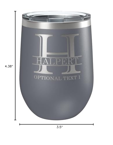 Personalized 12oz (17 Colors) Powder Coated Stainless Steel Stemless Wine Tumbler with Lid, Custom Etched, Customized Gift for Women Her, Wine Lover, Halpert Monogram Initial Name (Gray)