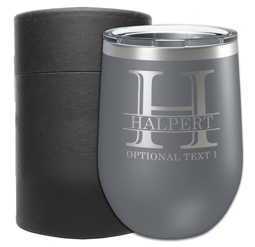 Personalized 12oz (17 Colors) Powder Coated Stainless Steel Stemless Wine Tumbler with Lid, Custom Etched, Customized Gift for Women Her, Wine Lover, Halpert Monogram Initial Name (Gray)
