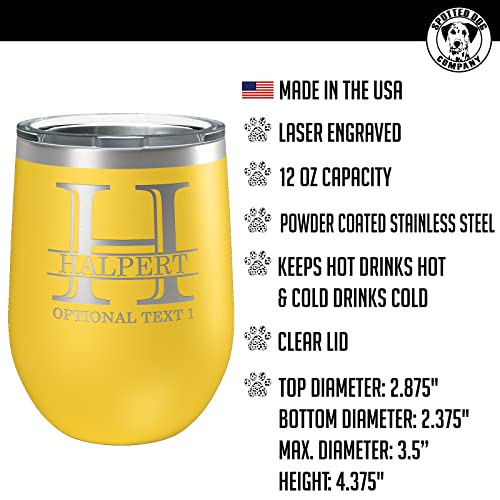 Personalized 12oz (17 Colors) Powder Coated Stainless Steel Stemless Wine Tumbler with Lid, Custom Etched, Customized Gift for Women Her, Wine Lover, Halpert Monogram Initial Name (Yellow)