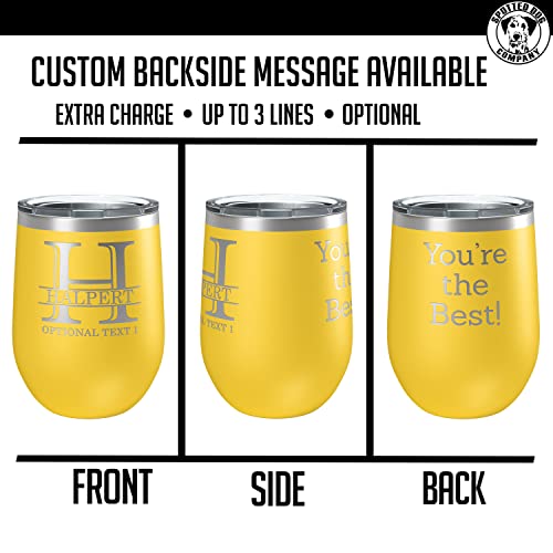 Personalized 12oz (17 Colors) Powder Coated Stainless Steel Stemless Wine Tumbler with Lid, Custom Etched, Customized Gift for Women Her, Wine Lover, Halpert Monogram Initial Name (Yellow)